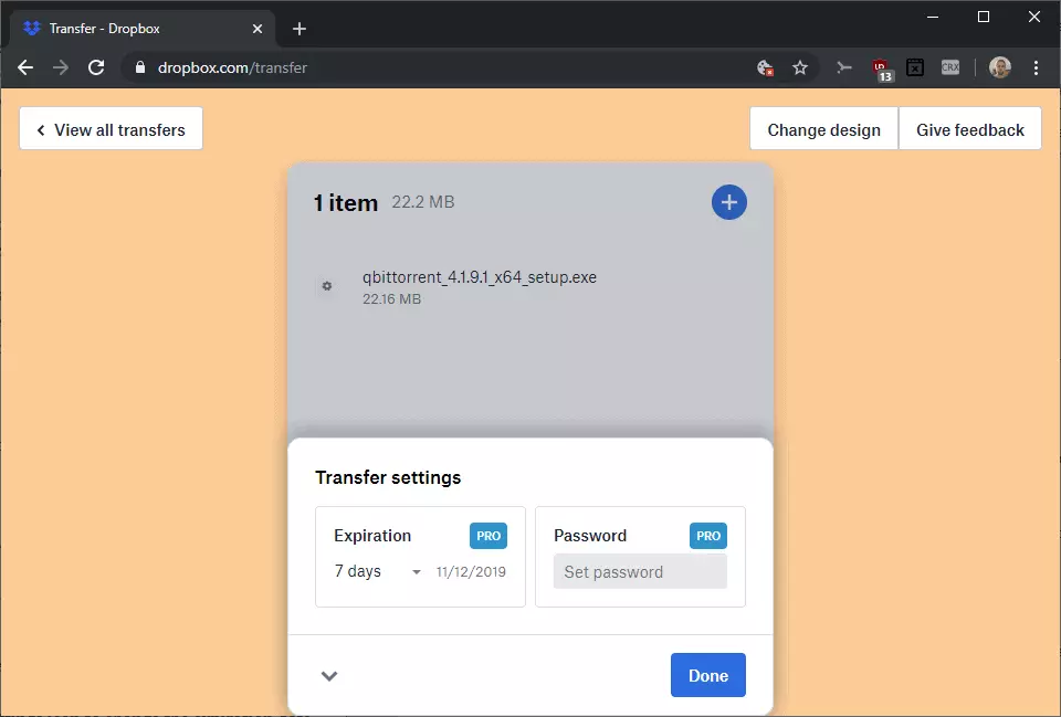 Dropbox transfer enviar ficheiros