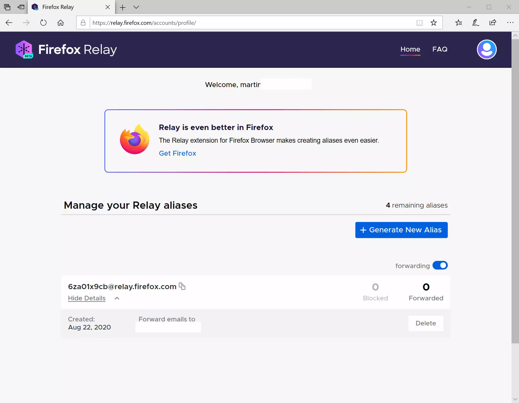 Firefox relay interface yanar gizo