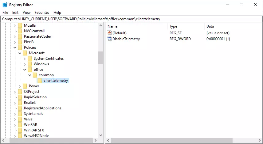 Ifilelẹ Office 365 Telemetry pẹlu eto ti ko ni iwe-aṣẹ