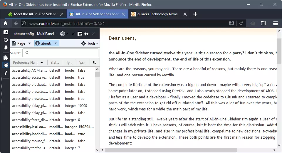 All-in-One Sidebar Developer აცხადებს Firefox დანამატის გარდაცვალებას