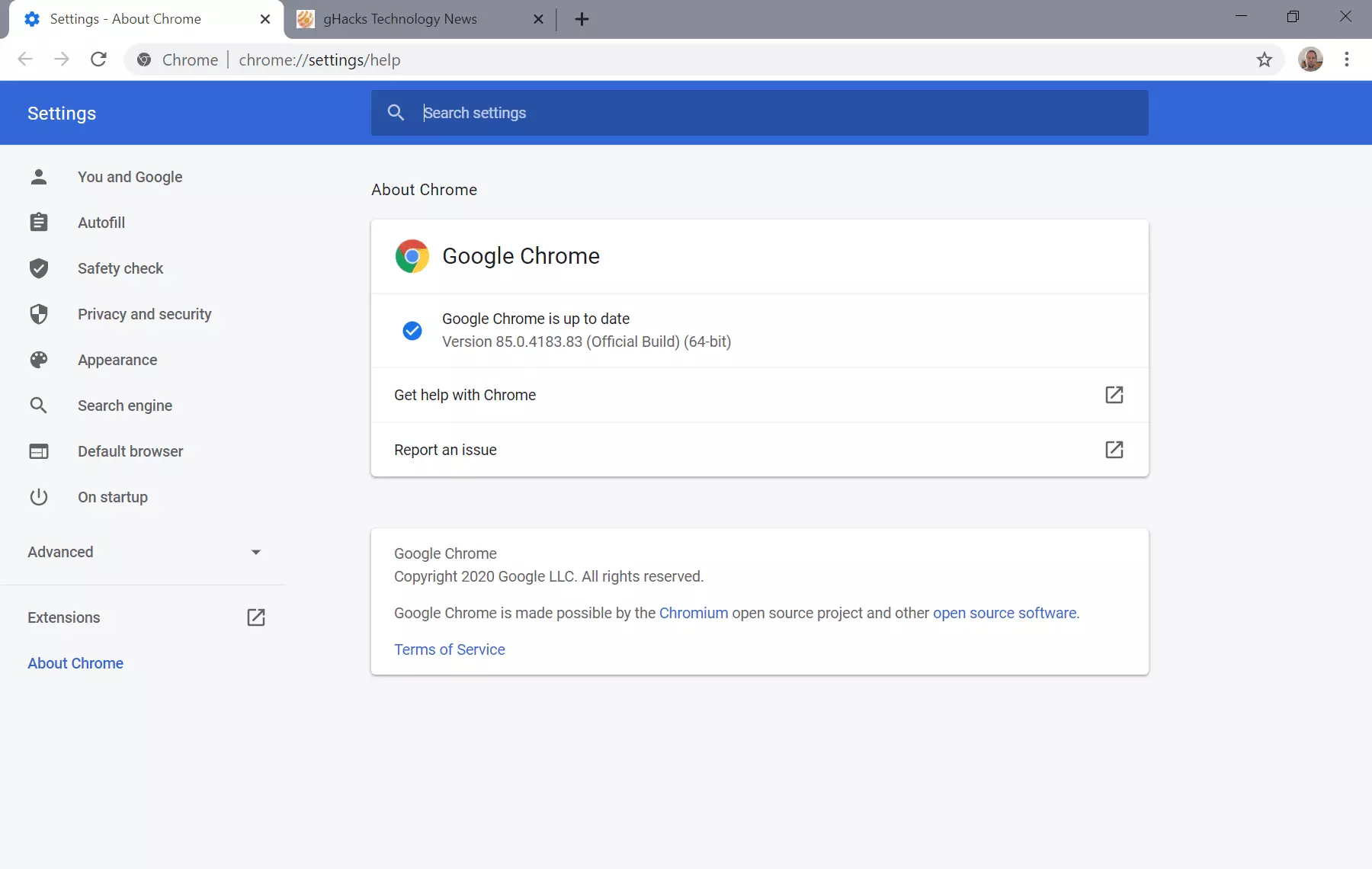 google chrome 85