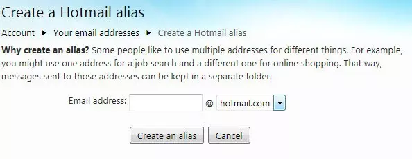 стварыць псеўданім Hotmail