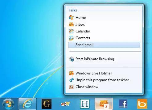 hotmail windows 7 görev çubuğu