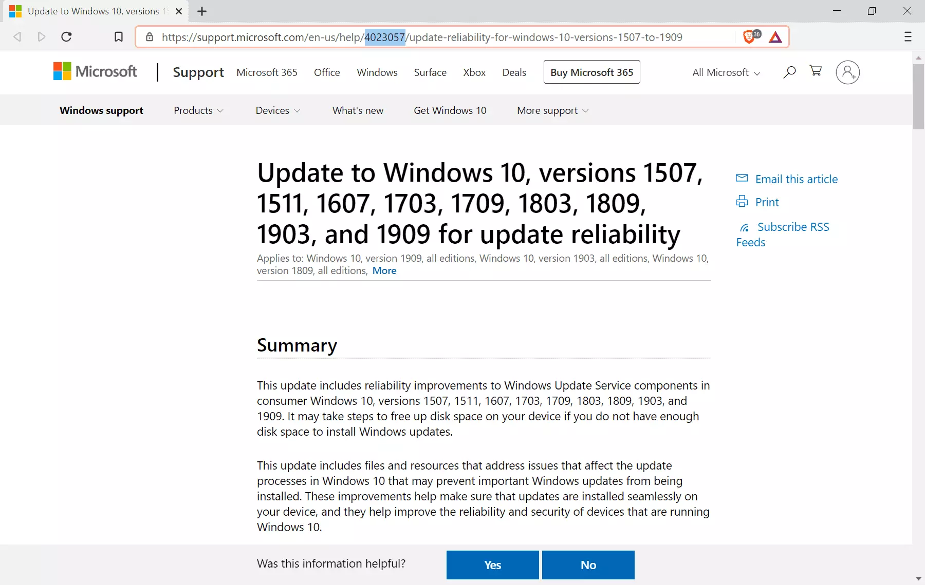 actualización de windows 10 kb4023057