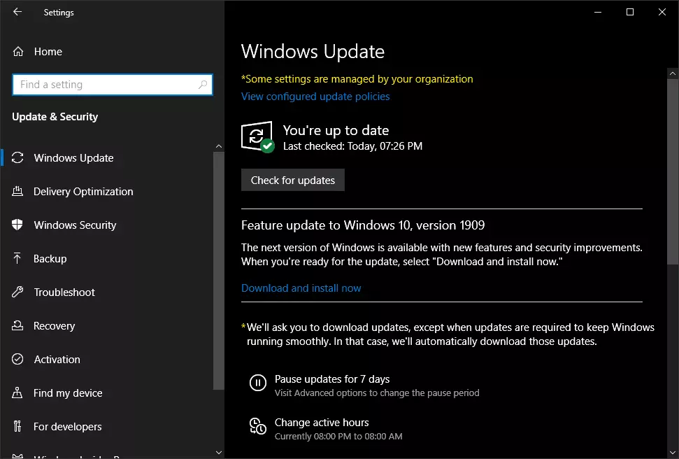 feature update windows 10 1909