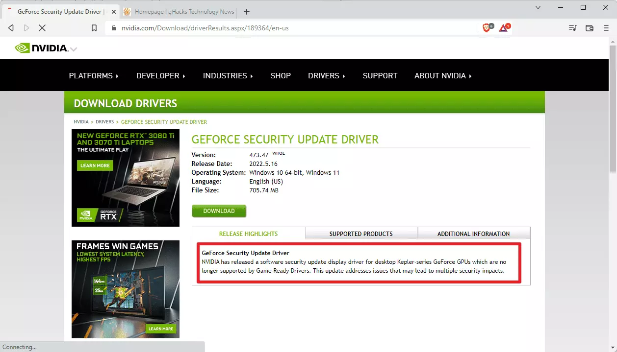 Nvidia verëffentlecht Sécherheetsupdate fir out-of-support GPUs