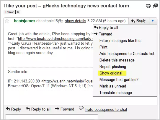 gmail toon originele e-mail ip