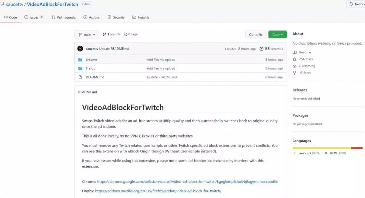 Twitch için Video Reklam Engelleme uzantısı, kullanıcıları yeniden yönlendirmek ve yönlendirme bağlantılarını enjekte etmek için Chrome ve Firefox'ta yasaklandı