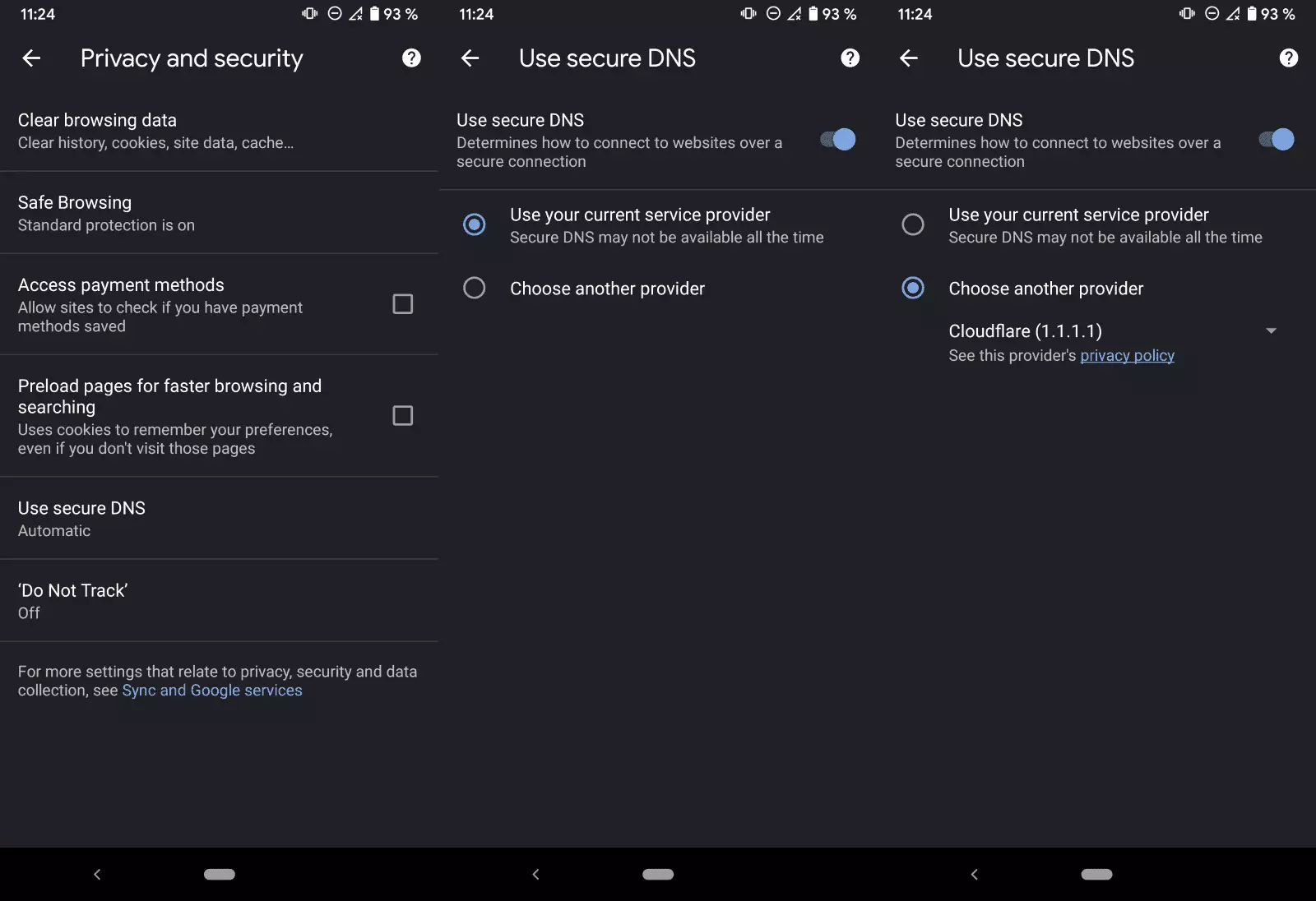 chrome android siguran dns