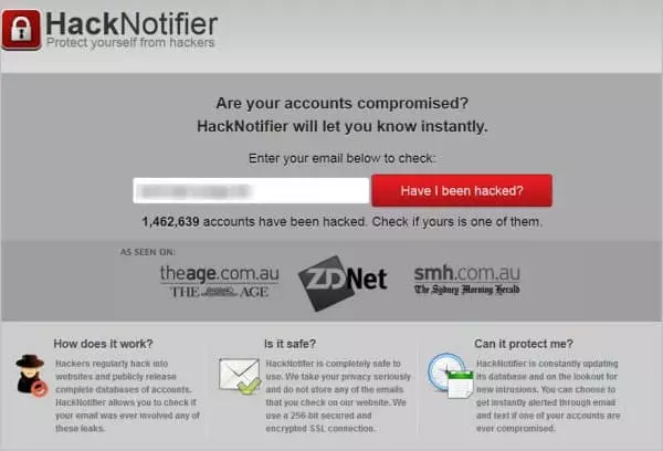 HackNotifier, preverite, ali so bili spletni računi ogroženi