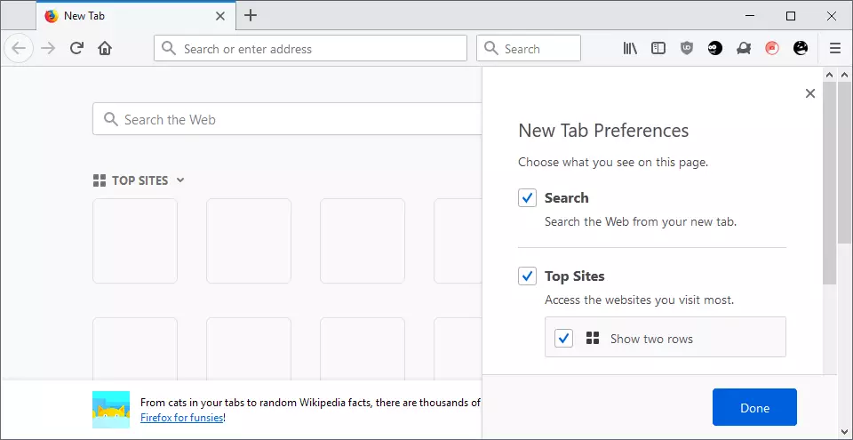 Firefox populārākās vietnes jauna rinda