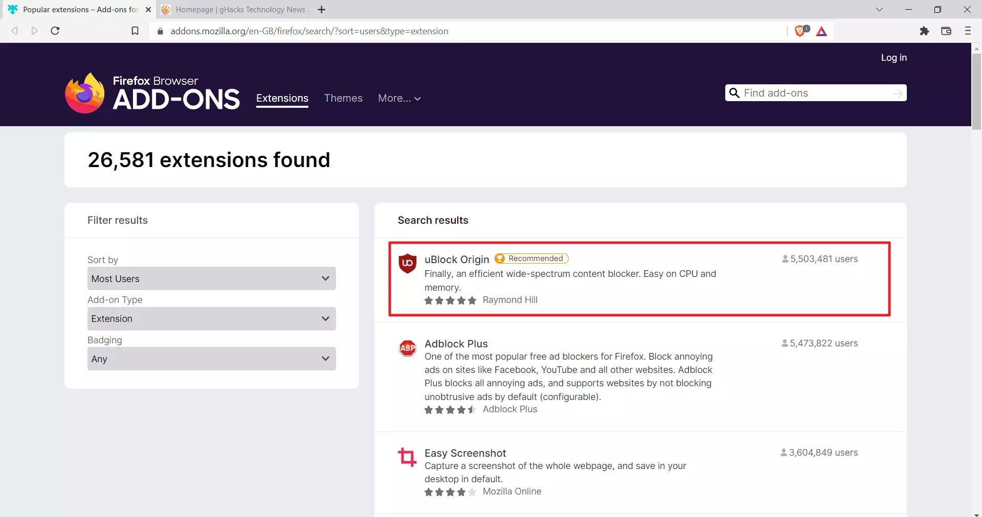 uBlock Origin अहिले सबैभन्दा लोकप्रिय फायरफक्स एड-अन हो