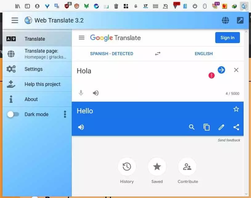 Web Translate เป็นส่วนขยายของ Firefox และ Chrome ที่แสดงการแปลข้อความที่เลือก
