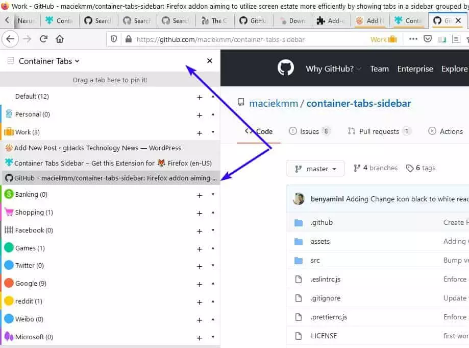 Xestiona as pestanas do contedor de forma eficiente desde un panel lateral coa extensión Container Tabs Sidebar para Firefox