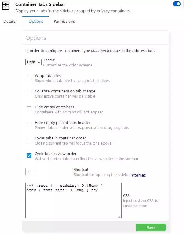 Configuració de la barra lateral de les pestanyes del contenidor Firefox