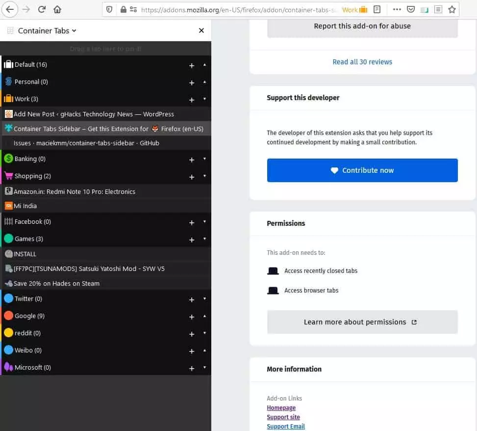 Container Tabs Sidebar firefox dark theme