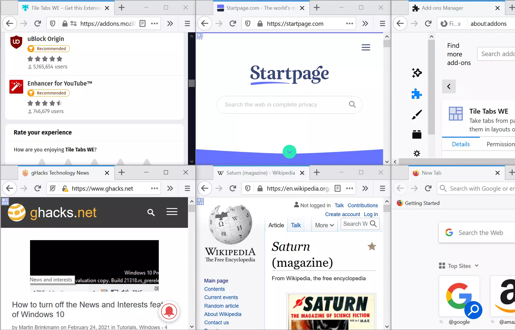 Tile Tabs WE mécht et méi einfach Tabs Säit-an-Säit am Firefox a Chrome ze weisen