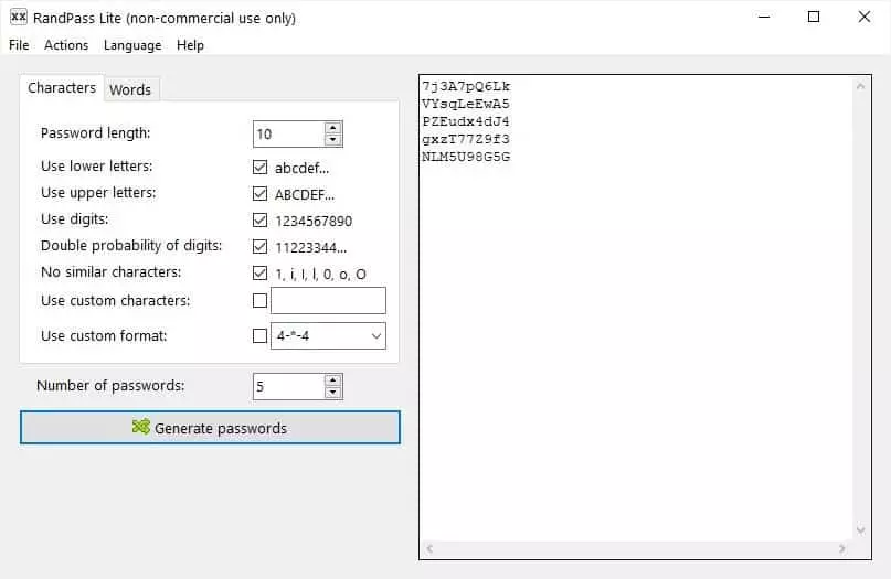 Генерирајте случајни лозинки, Diceware и фрази за пристап EFF, со RandPass