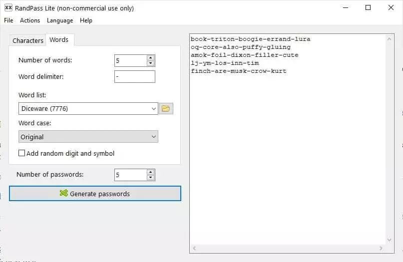 RandPass генерира случајни фрази за лозинка за Diceware