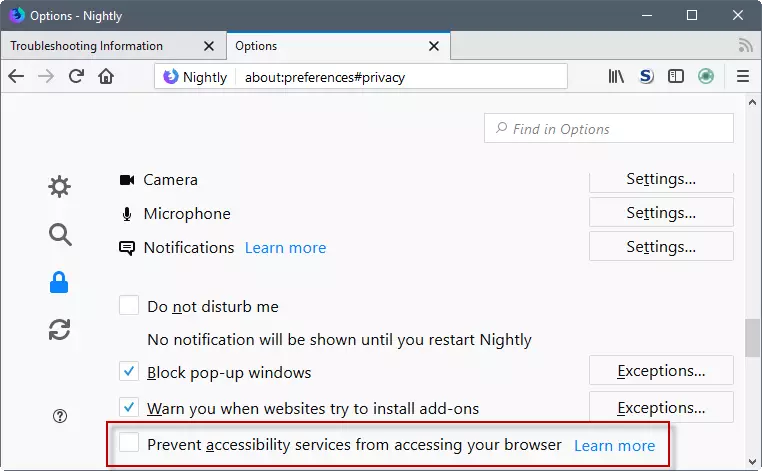 prevenire i servizi di accessibilità firefox