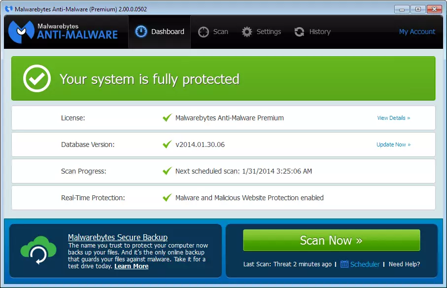 malwarebytes зиянды бағдарламаға қарсы 2.0