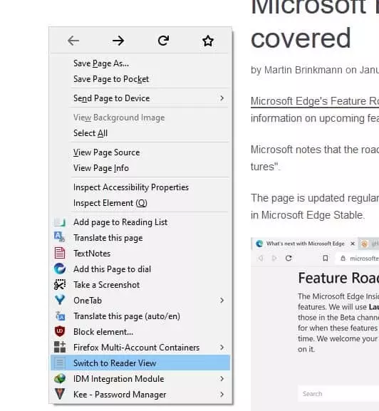 Extensão do Firefox do Reader View - menu de contexto