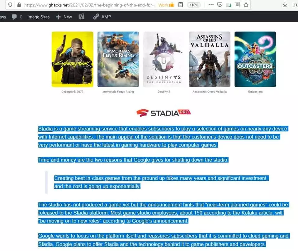 Extensão do Firefox do Reader View - conteúdo selecionado antes do modo de leitura