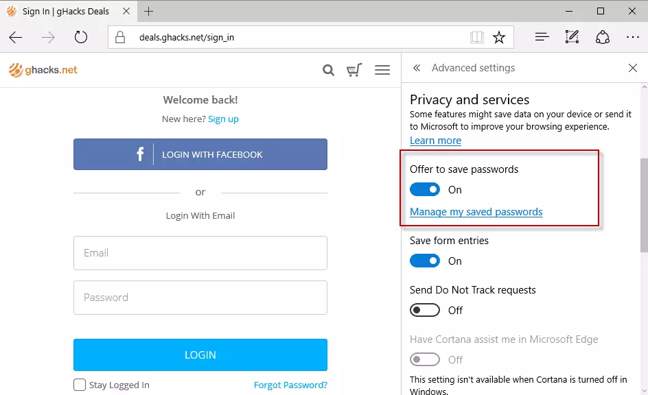 Microsoft Edge предлагает сохранять пароли