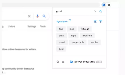 Power Thesaurus Chrome'i laiendused on ulatuslik tesaurus