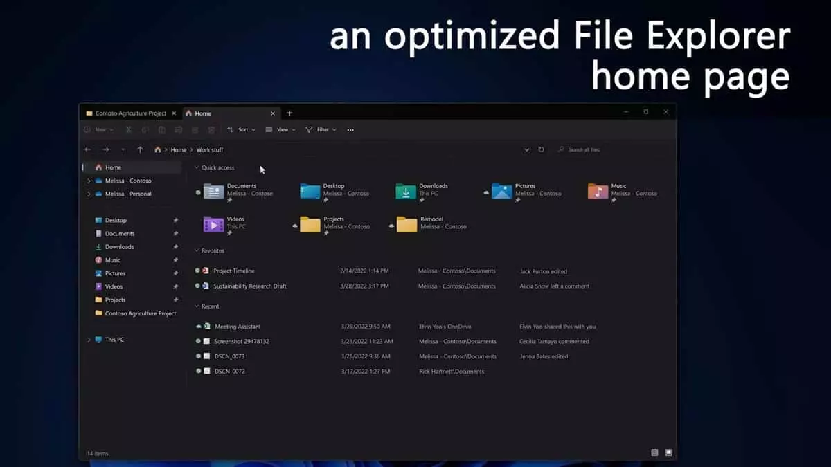 Windows 11 File Explorer optimalizovaná domovská stránka s kartami