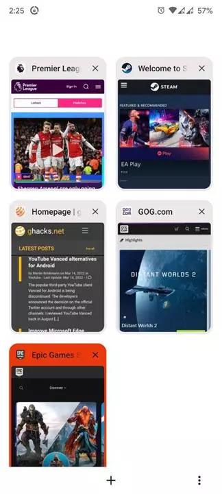 Brave Browser por Android forigas Tab Stack-vidon