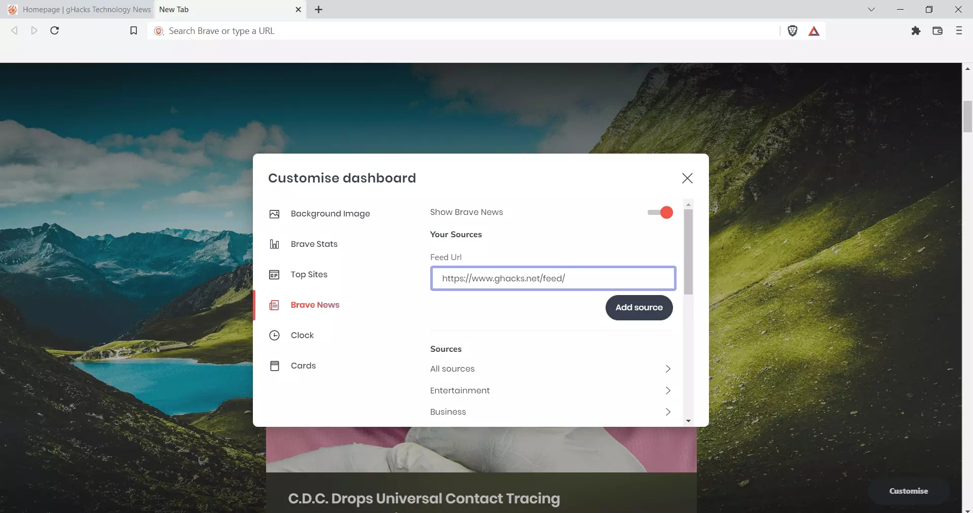 Brave News: usuários de desktop do Brave recebem suporte para feeds RSS personalizados